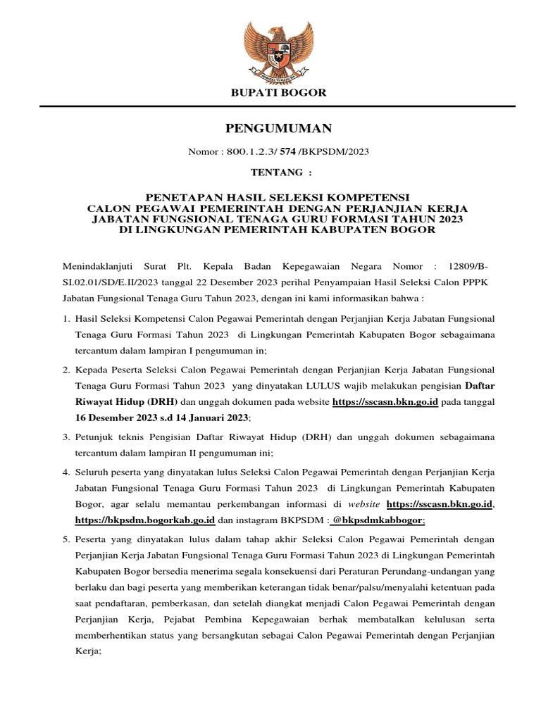 Pengumuman Penetapan Hasil Seleksi Kompetensi CPPPK JF Guru Tahun 2023 | PDF