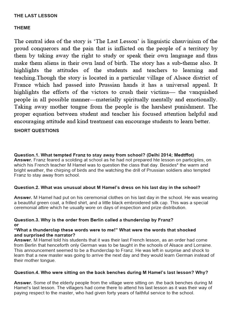 The Last Lesson & Poem 1 Q & A | PDF | Feeling