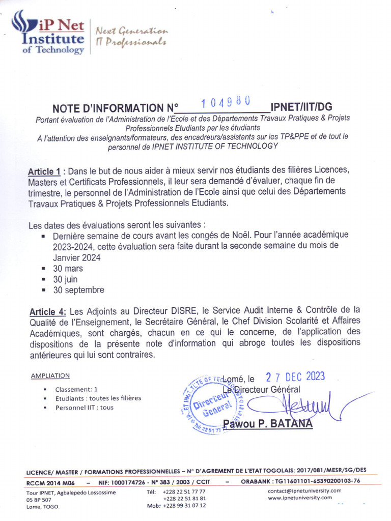 Note D'information 104980 Portant Evaluation de L'administration de L'ecole Et Des Departements ...