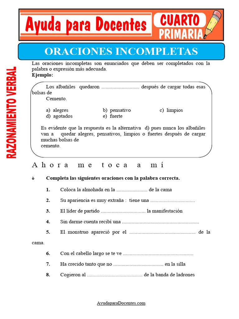Oraciones Incompletas para Cuarto de Primaria | PDF