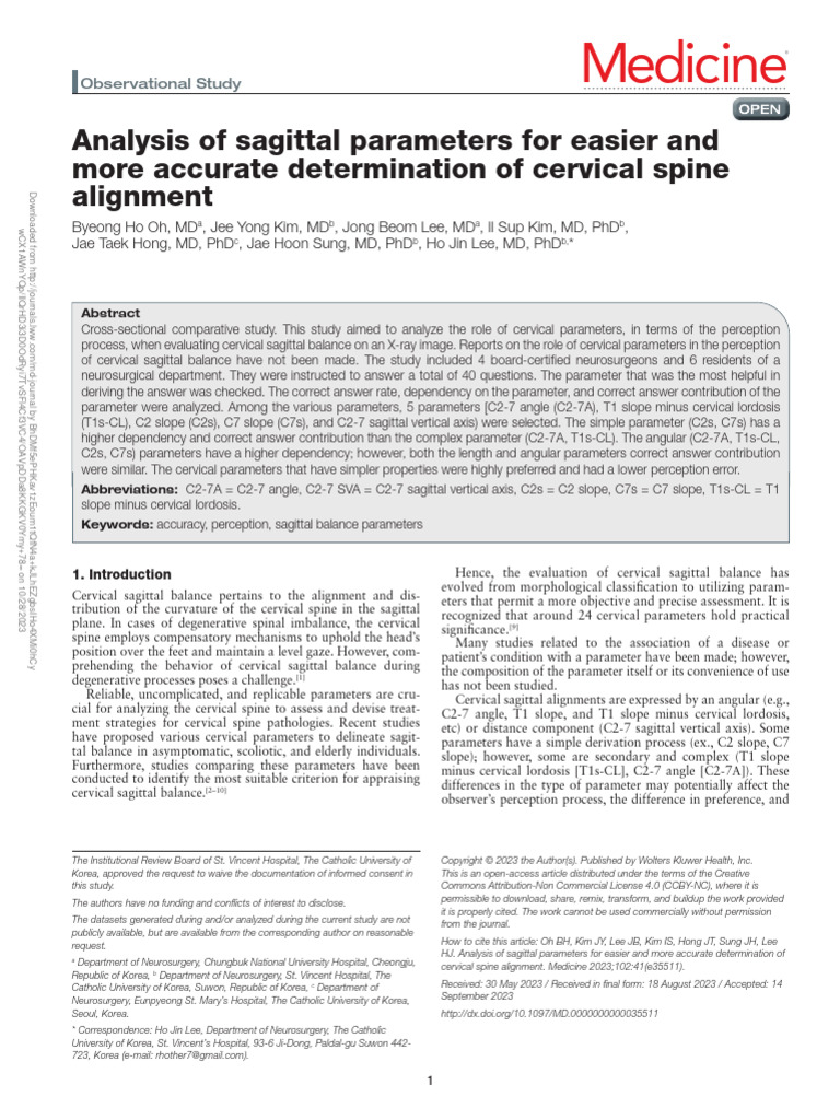 Analysis of Sagittal Parameters For Easier and More Accurate Determination of Cervical Spine ...