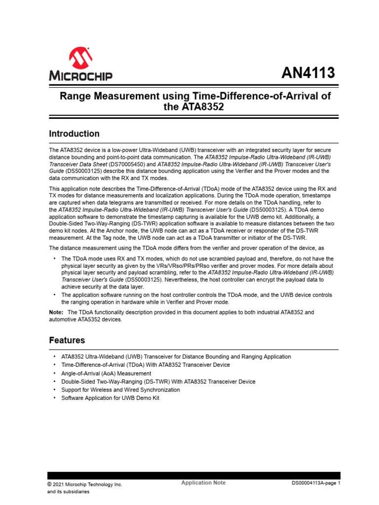 Range Measurement Using Time Difference of Arrival of The ATA8352 DS00004113 | PDF | Ultra ...