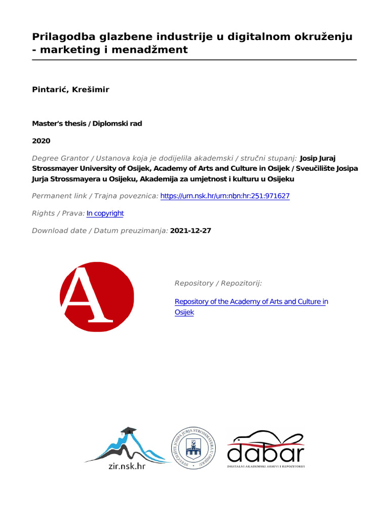 Diplomski Pintaric - Prilagodba Glazbene Industrije U Digitalnom ...