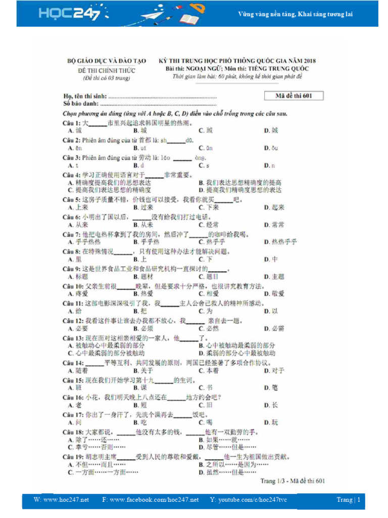 De Thi THPT Quoc Gia Mon Tieng Trung Nam 2018 Co Dap An 2983 | PDF