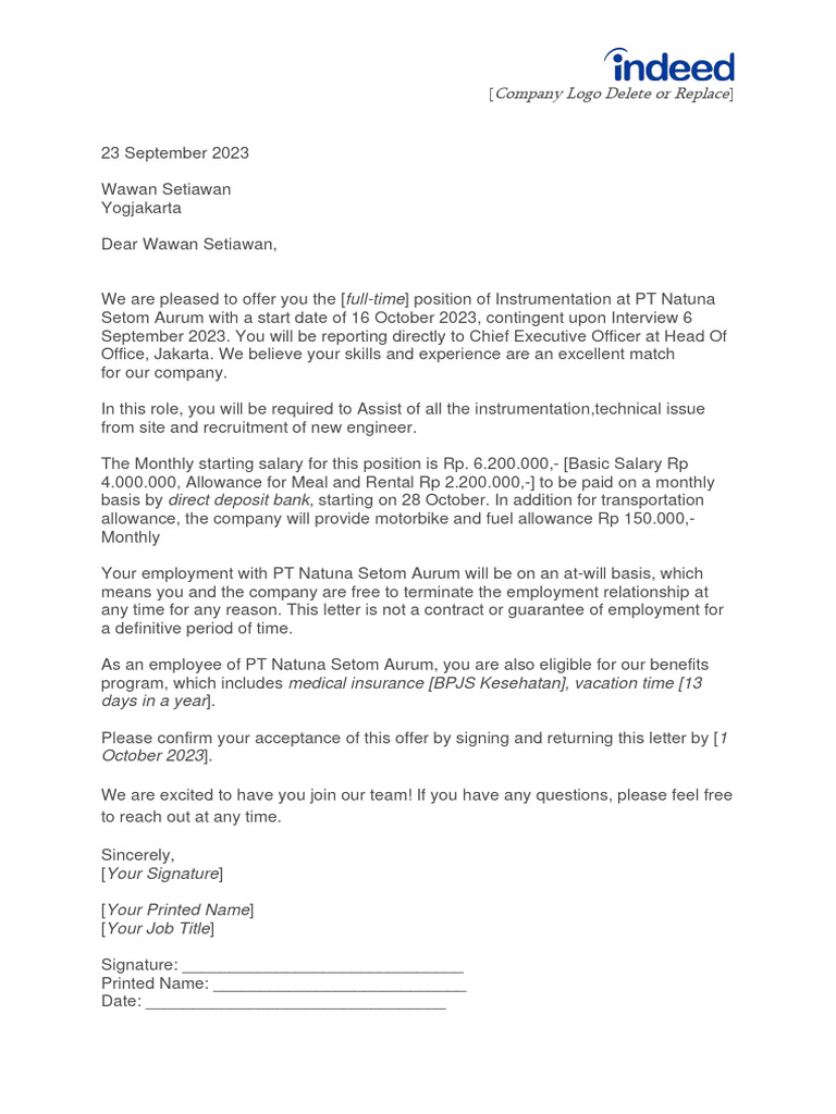 Job Offer Letter Template - Indeed | PDF