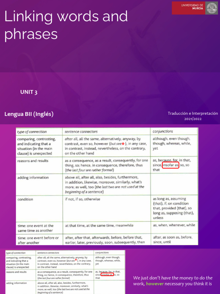 Unit 3 - Linking Words and Phrases | PDF | Verb | Adverb