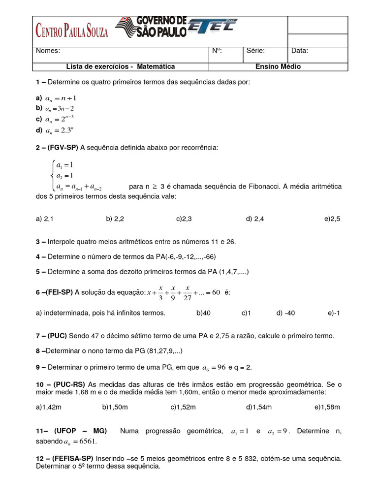Lista de Exercícios PA e PG 2 Anos | PDF