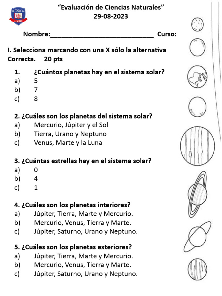 Evaluación Sistema Solar | PDF | Planetas | Sistema solar