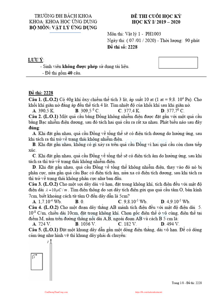 Vat Ly 1 - de Thi Cuoi Hoc Ky I 2019 | PDF