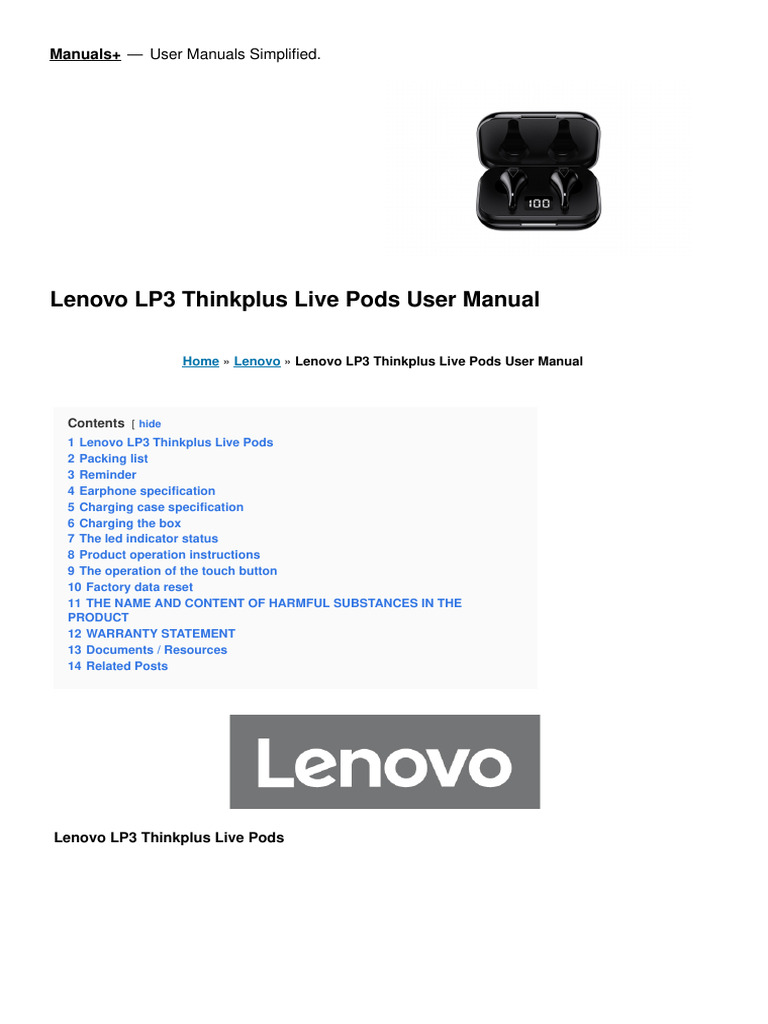 lp3 Thinkplus Live Pods Manual | PDF | Headphones | Bluetooth