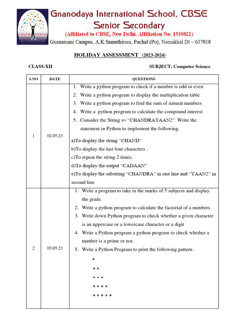 Grade XII CS Holiday Assignment | PDF | Control Flow | Python (Programming Language)