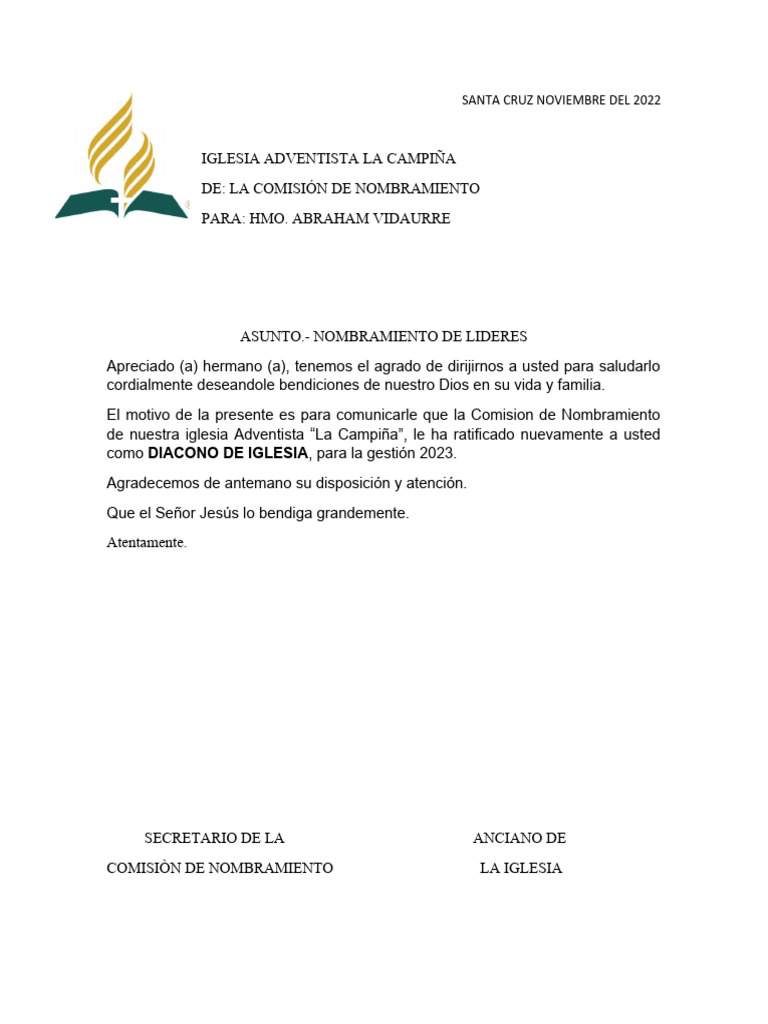 Modelo de Carta de Nombramiento Adventista | PDF