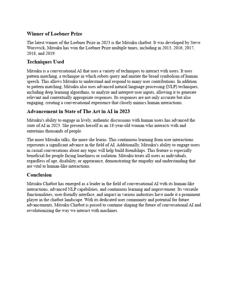 Mitsuku: 2023 Loebner Prize Winner | PDF