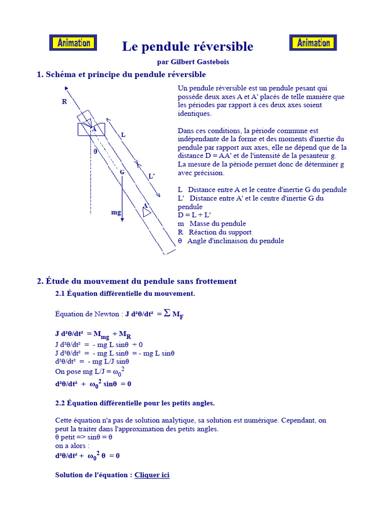Pendule réversible : étude et calculs | PDF
