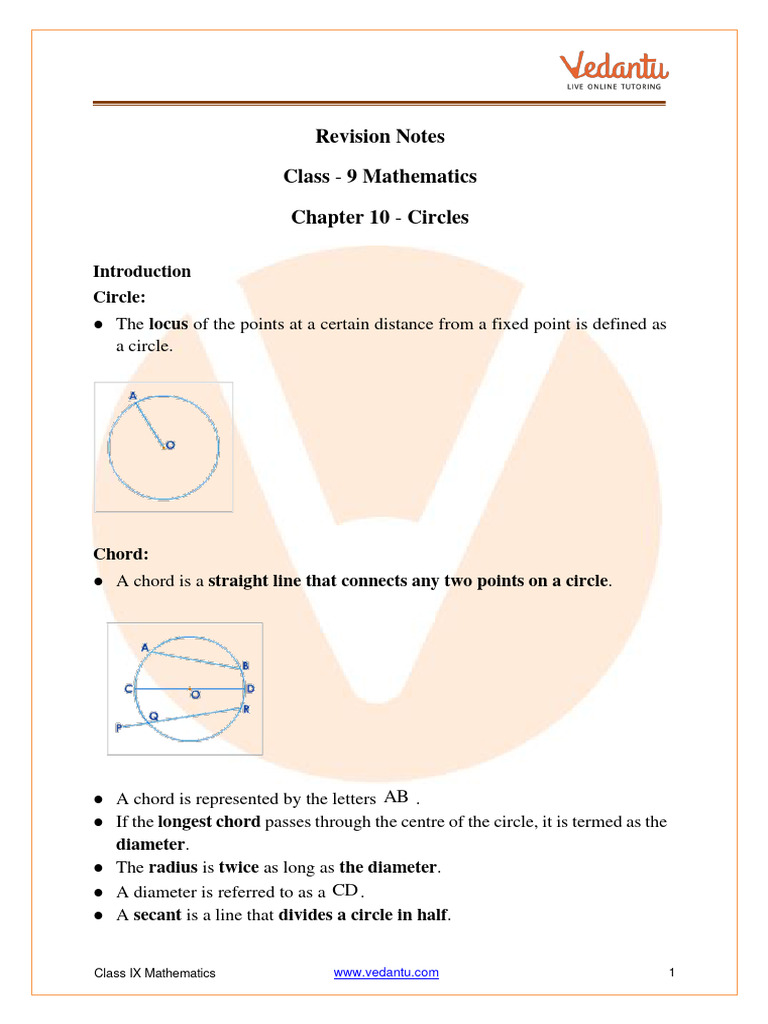 Revision Notes Class - 9 Mathematics Chapter 10 - Circles: Circle | PDF ...