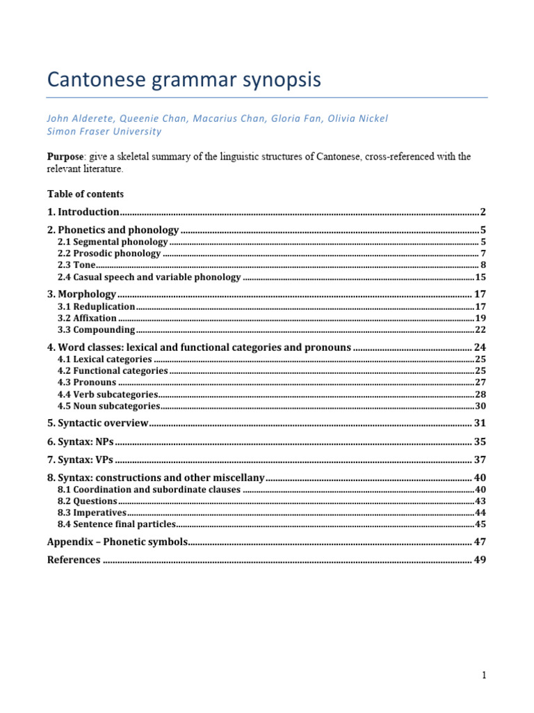 Cantonese Grammar Synopsis | PDF | Tone (Linguistics) | Syllable