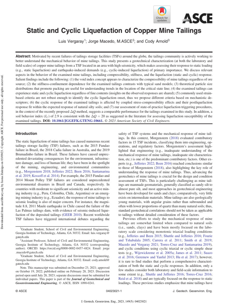 Static and Cyclic Liquefaction of Copper Mine Tailings (Vergaray, 2023 ...