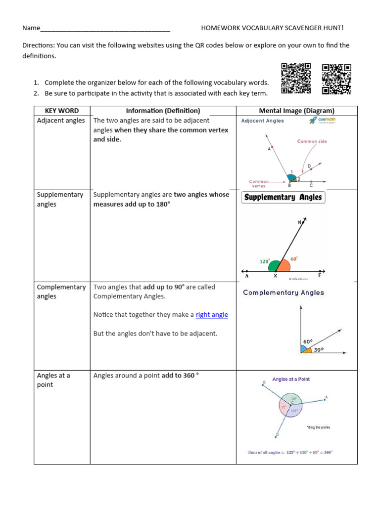 Vocabulary Part III - Angle Vocabulary HW 3 - Key | PDF