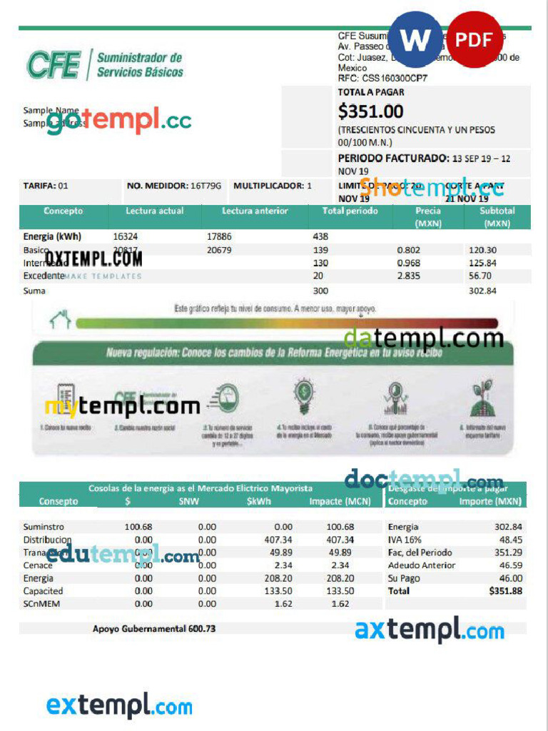 Doctempl - Mexico Electricity CFE Utility Bill Template in Word and PDF ...