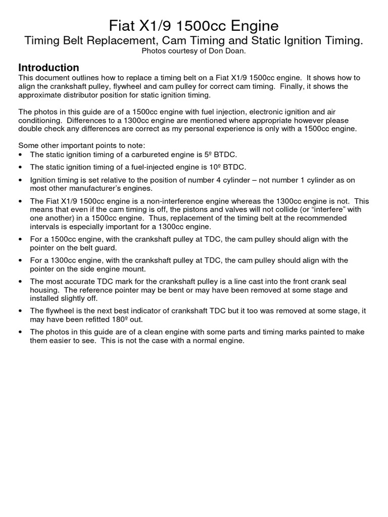 Fiat X19 1500 Engine - Guide To Timing Belt Replacement Cam and ...