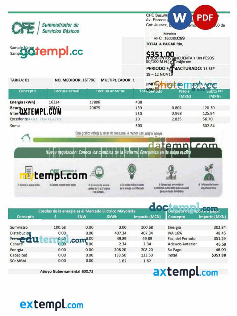 Doctempl - Mexico Electricity CFE Utility Bill Template in Word and PDF ...