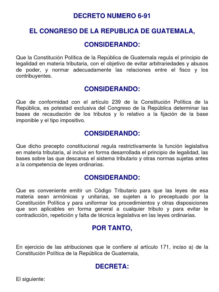 Decreto Numero 6-91 El Congreso De La Republica De Guatemala ...