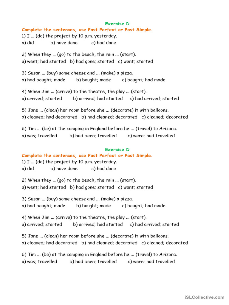 Past Simple vs Past Perfect Exercises | PDF | Home & Garden | Art