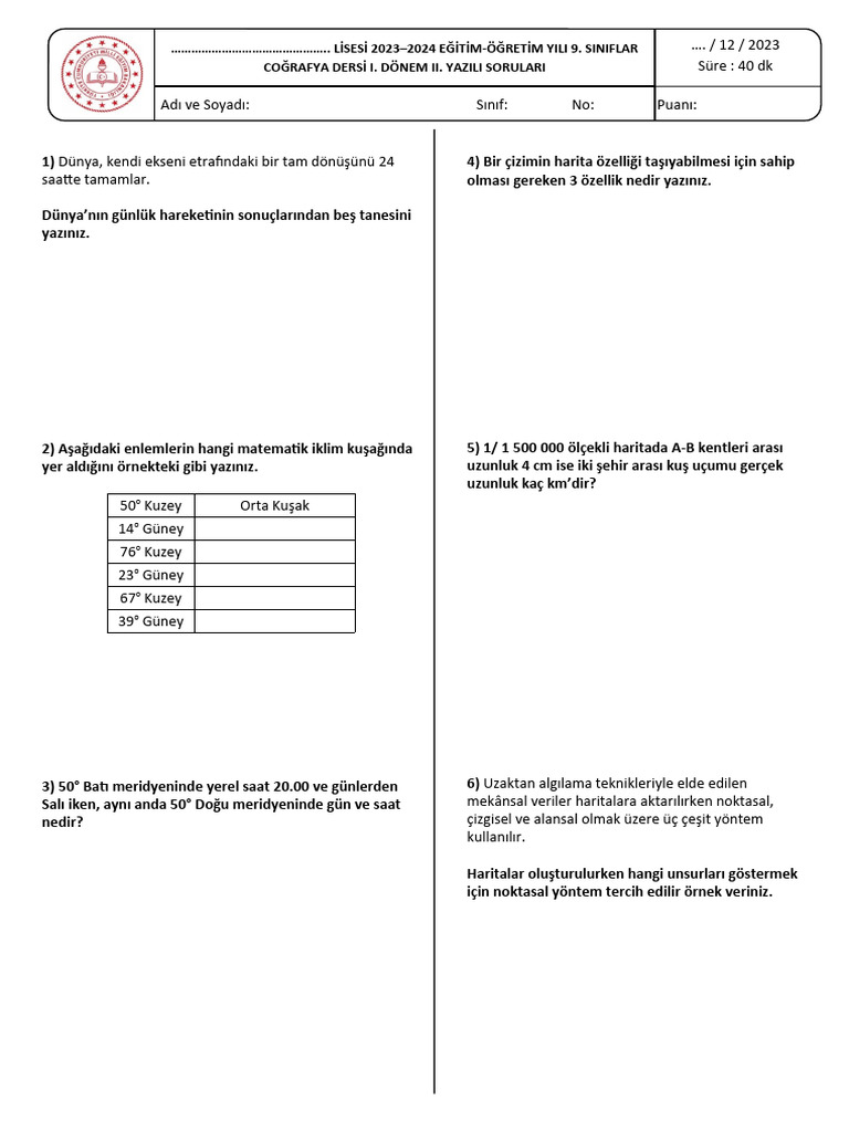 9 Sinif 1 Donem 2 Yazili 2023 2024 | PDF