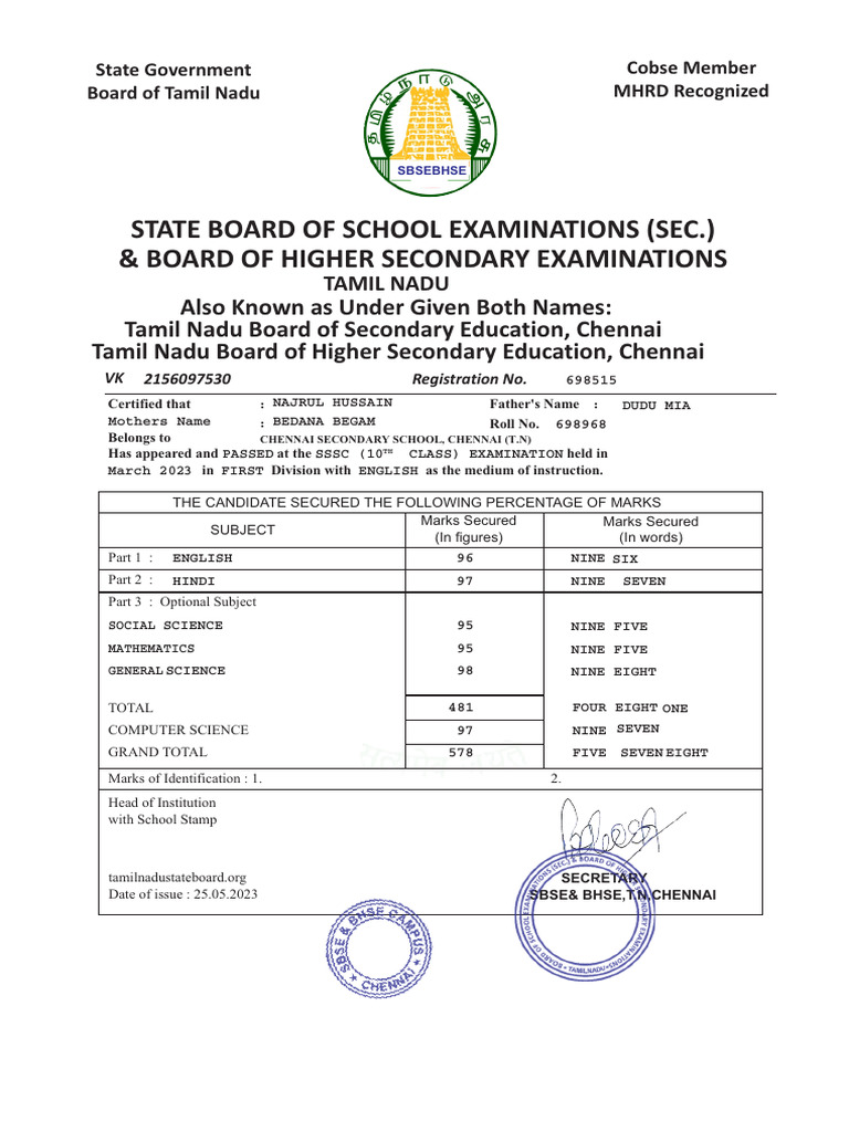 State Board of School Examinations (Sec.) & Board of Higher Secondary ...