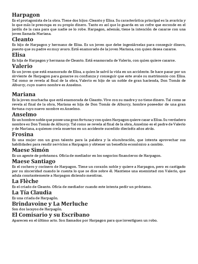 Personajes Obra El Avaro | PDF