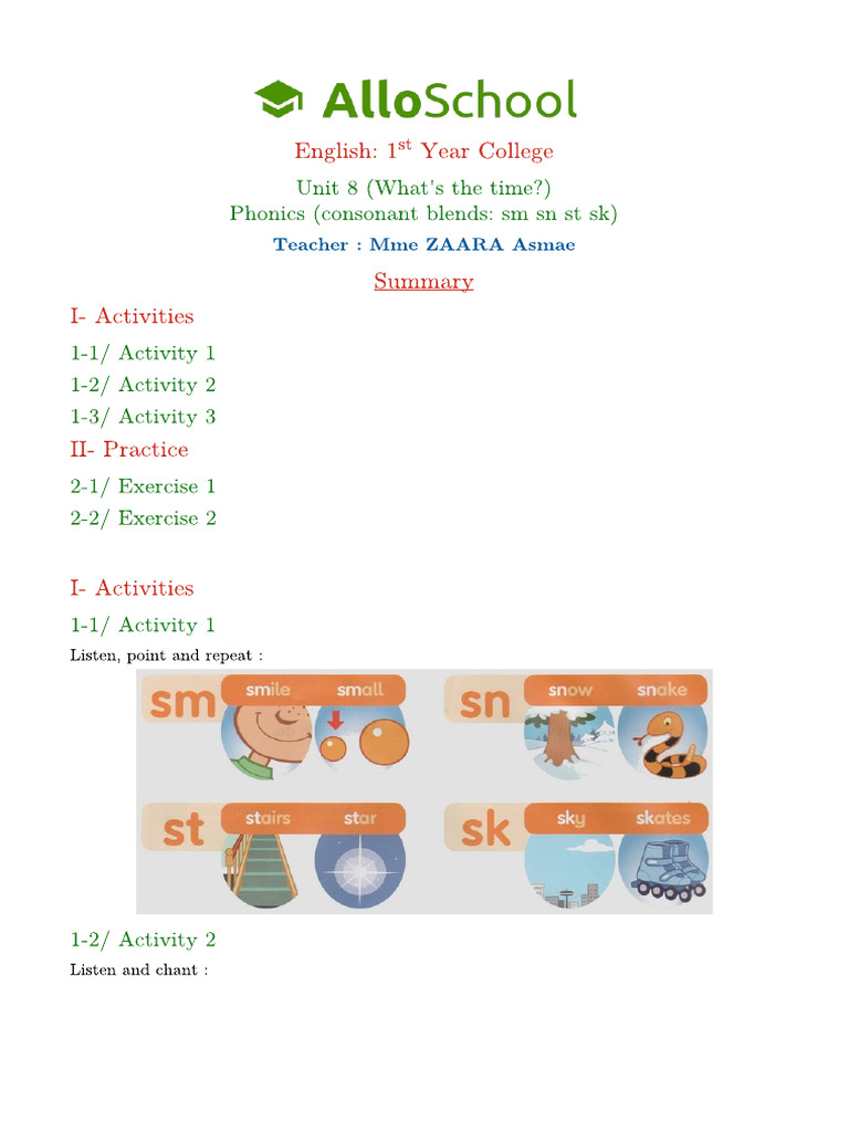 Unit 8 Phonics Consonant Blends SM SN ST SK 2 | PDF