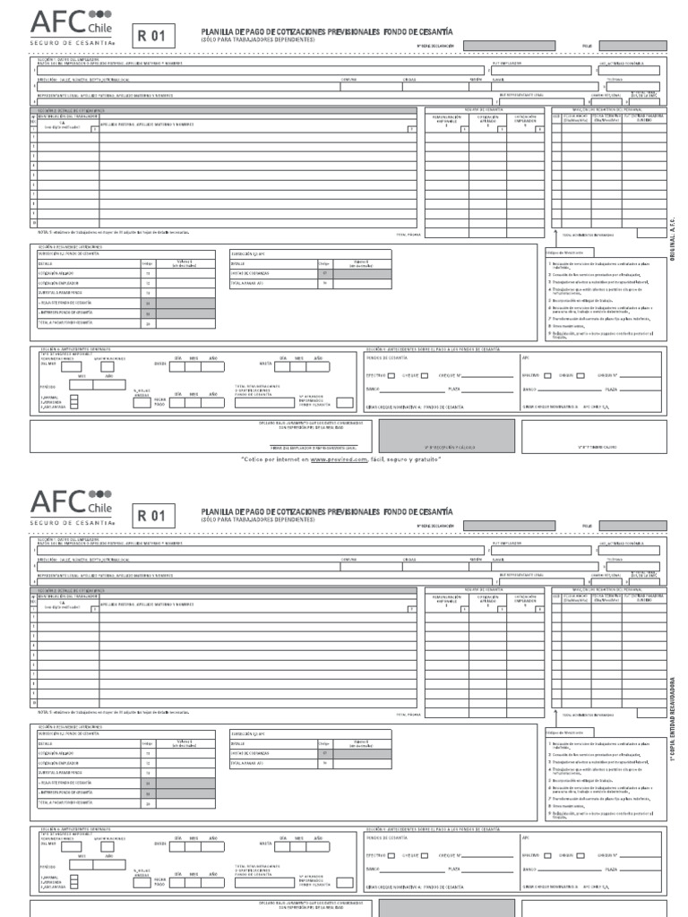 R 01 Planilla Pago Cotizaciones AFC | PDF