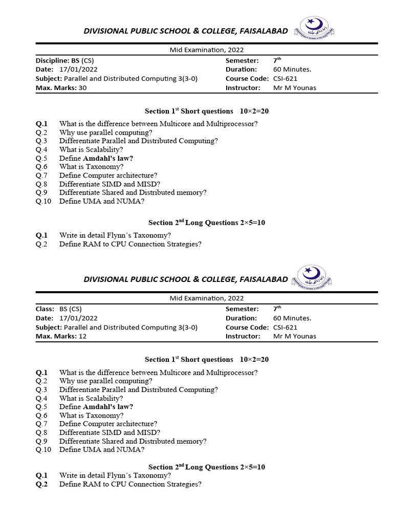 7th Sem CS Exam: Parallel Computing | PDF