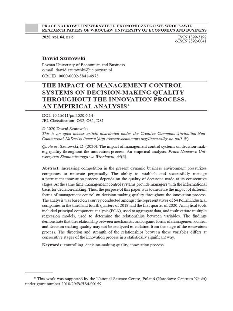 Szutowski The Impact of Management Control Systems On Decision-Making | PDF | Dependent And ...