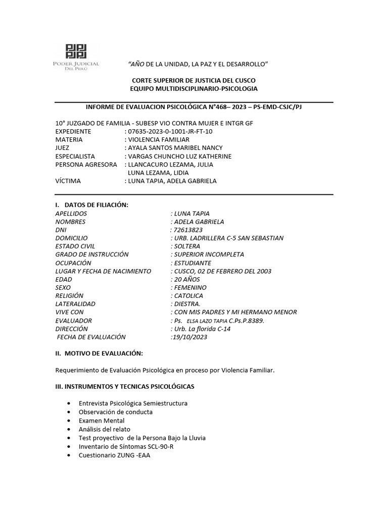 Evaluación Psicológica de Adela Luna Tapia | PDF | Violación | Abuso ...