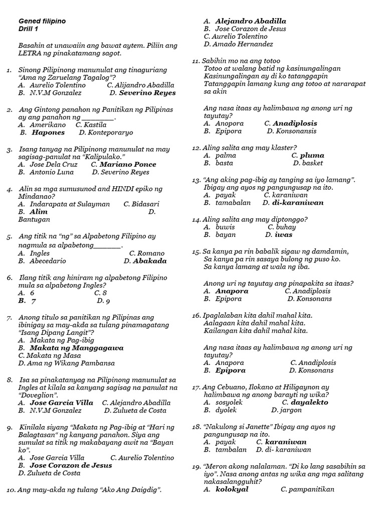 Drill 1 at 2 Sa Gened Filipino ANSWER KEY | PDF | Tagalog Language ...