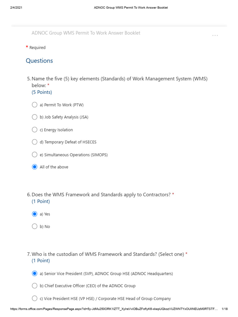 ADNOC Group WMS Permit To Work Answer Booklet | PDF | Vice President ...