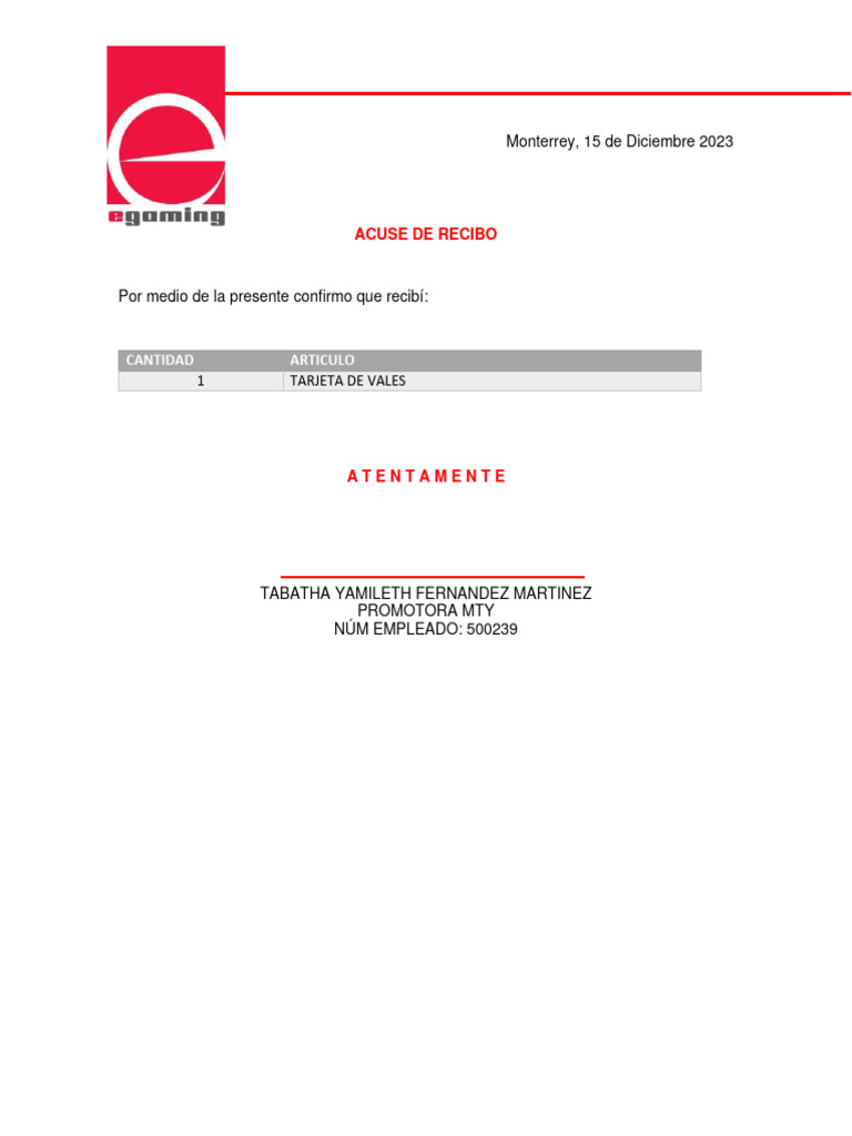 Acuse de Recibo-Tarjeta de Vales | PDF