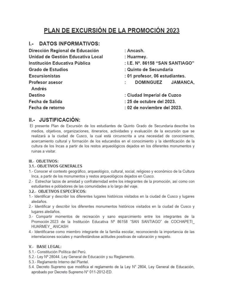 Plan de Excursión a Cusco 2023 | PDF | Ciencias Políticas