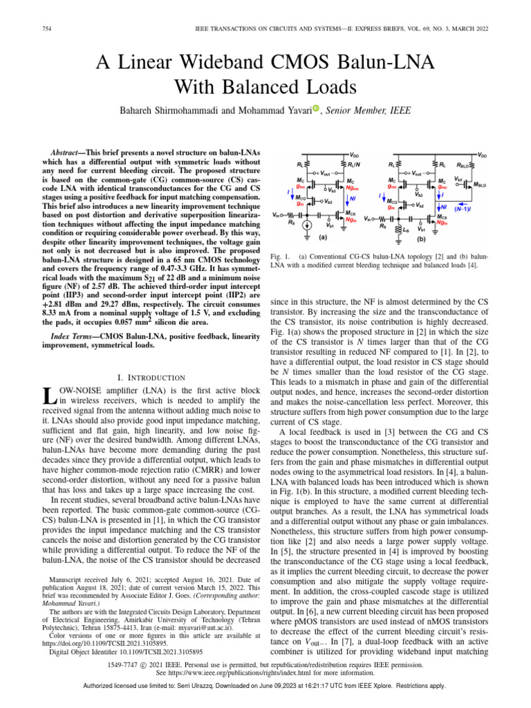 A Linear Wideband CMOS Balun-LNA With Balanced Loads | PDF | Transistor | Information And ...