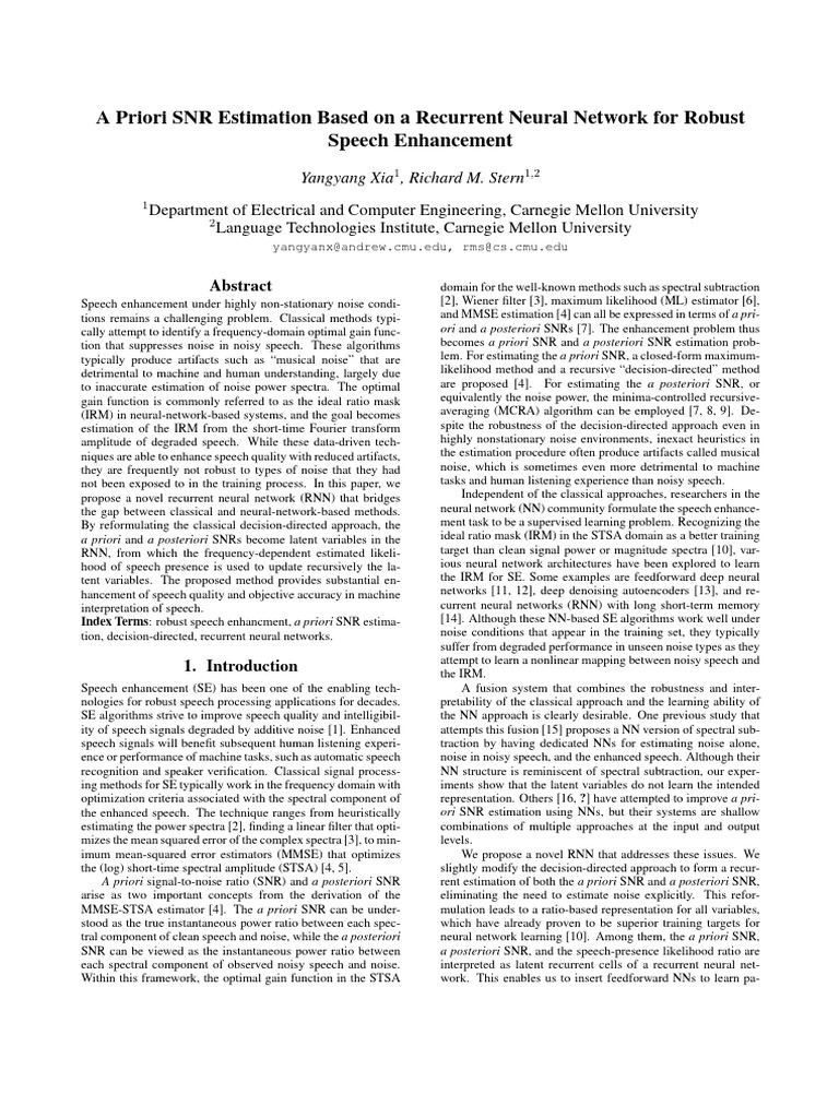 A Priori SNR Estimation Based On A RNN For Robust Speech Enhancement ... A Priori SNR Estimation Based On A RNN For Robust Speech Enhancement ...