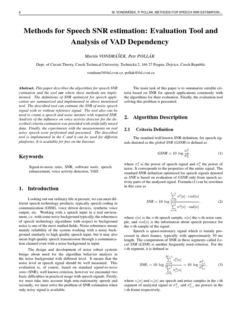 Methods For Speech Snr Estimation Pdf
