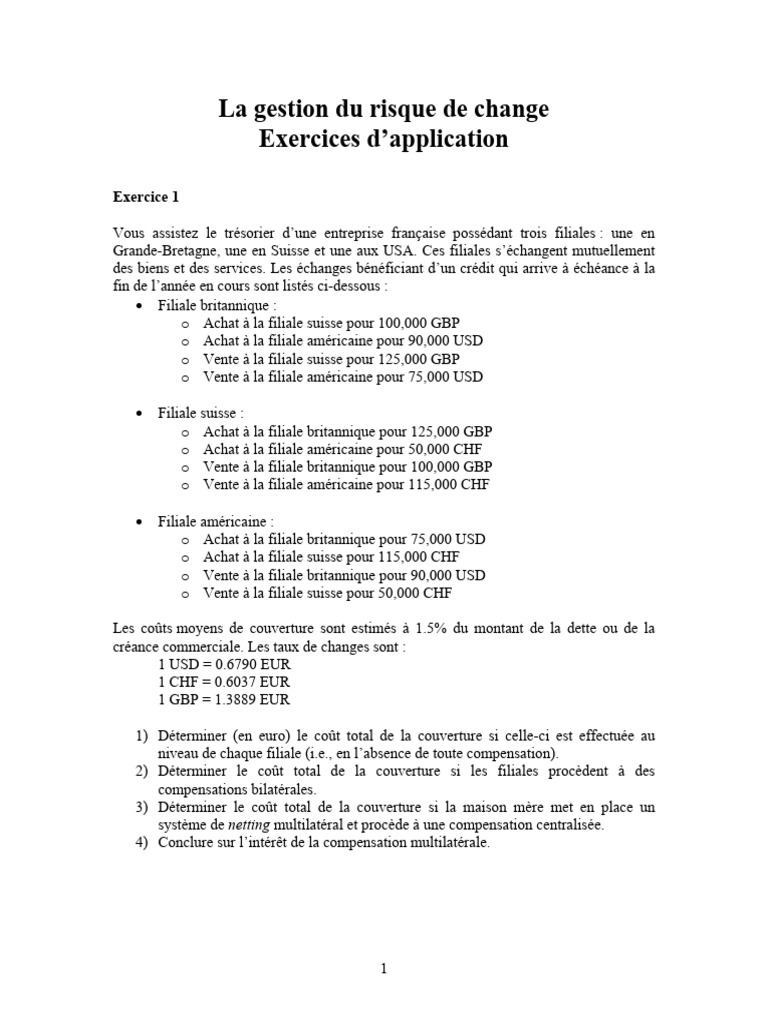 Gestion du risque de change : exercices pratiques | PDF | euro | Taux ...