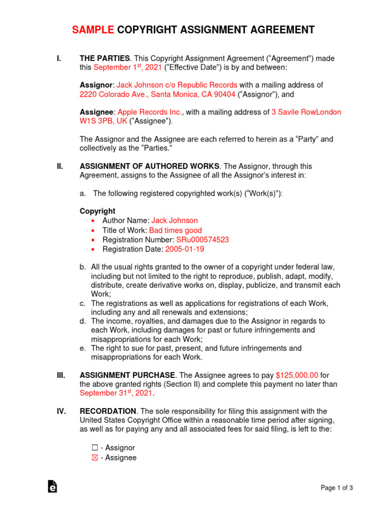 SAMPLE Copyright Assignment Agreement | PDF | Assignment (Law) | Copyright