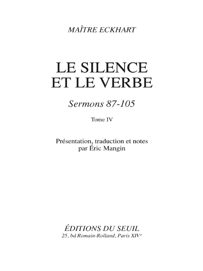 MAÎTRE ECKHART Le Silence Et Le Verbe Sermons 87 105 2012 Editions ...