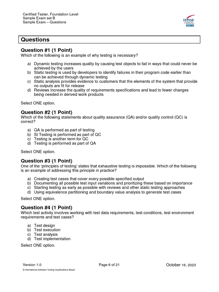 ISTQB CTFL v4.0 Sample-Exam-B-Questions v1.0 Organized | PDF | Computers