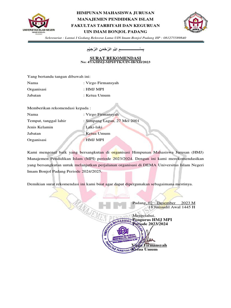 Surat Rekomendasi DEMA U | PDF