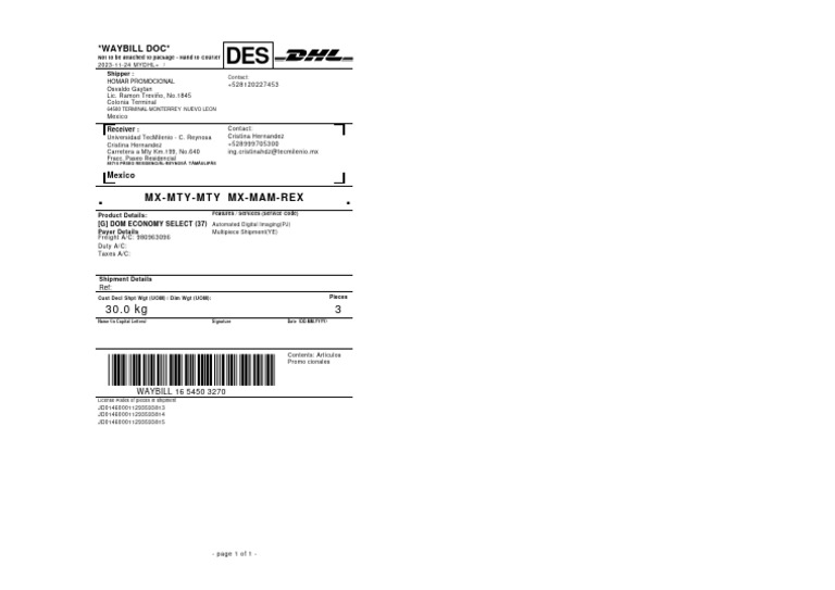 DHL Waybill for Promotional Shipment | PDF