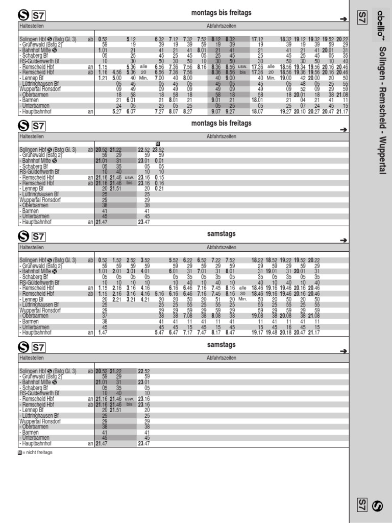 WSW Fahrplan S Bahn Linie S7 | PDF