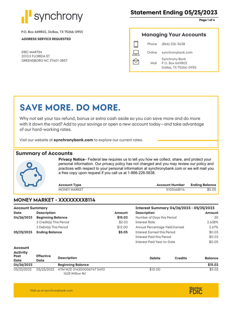 Synchrony Bank Statement Summary | PDF | Cheque | Banks